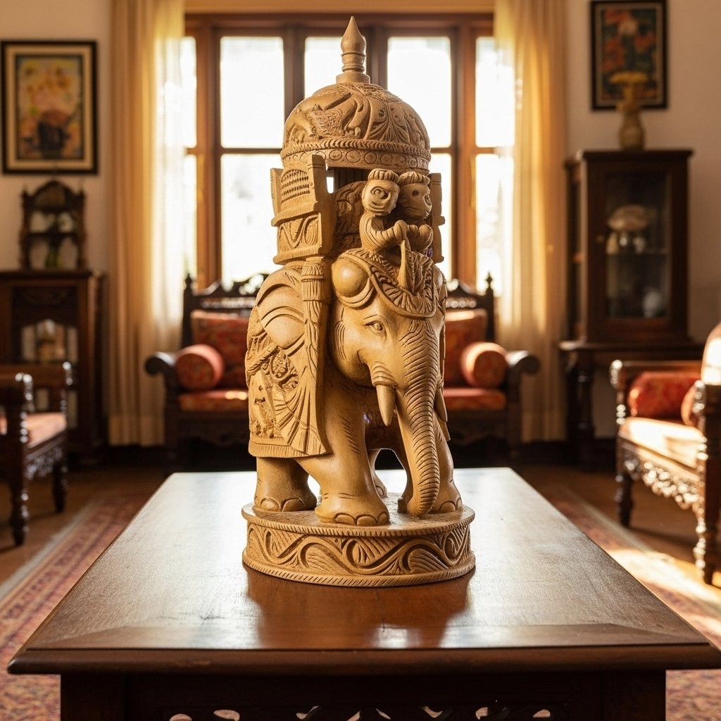 Royal Wooden Shikari Ambari Elephant – 12-Inch Handcarved Masterpiece