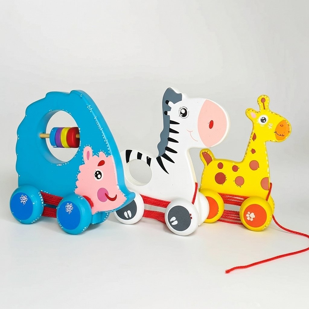 Wooden Animal Pull-Along Toys – Cartoon Set for Kids (Pack of 3)